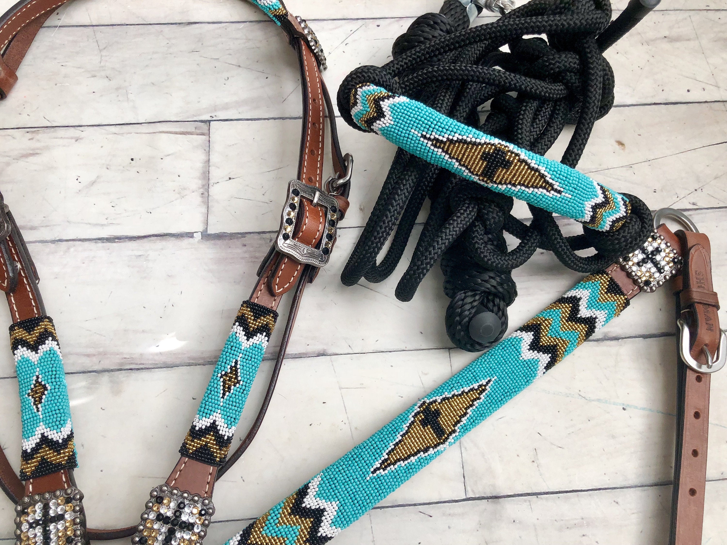 Turquoise and Gold Beaded Set - Etsy