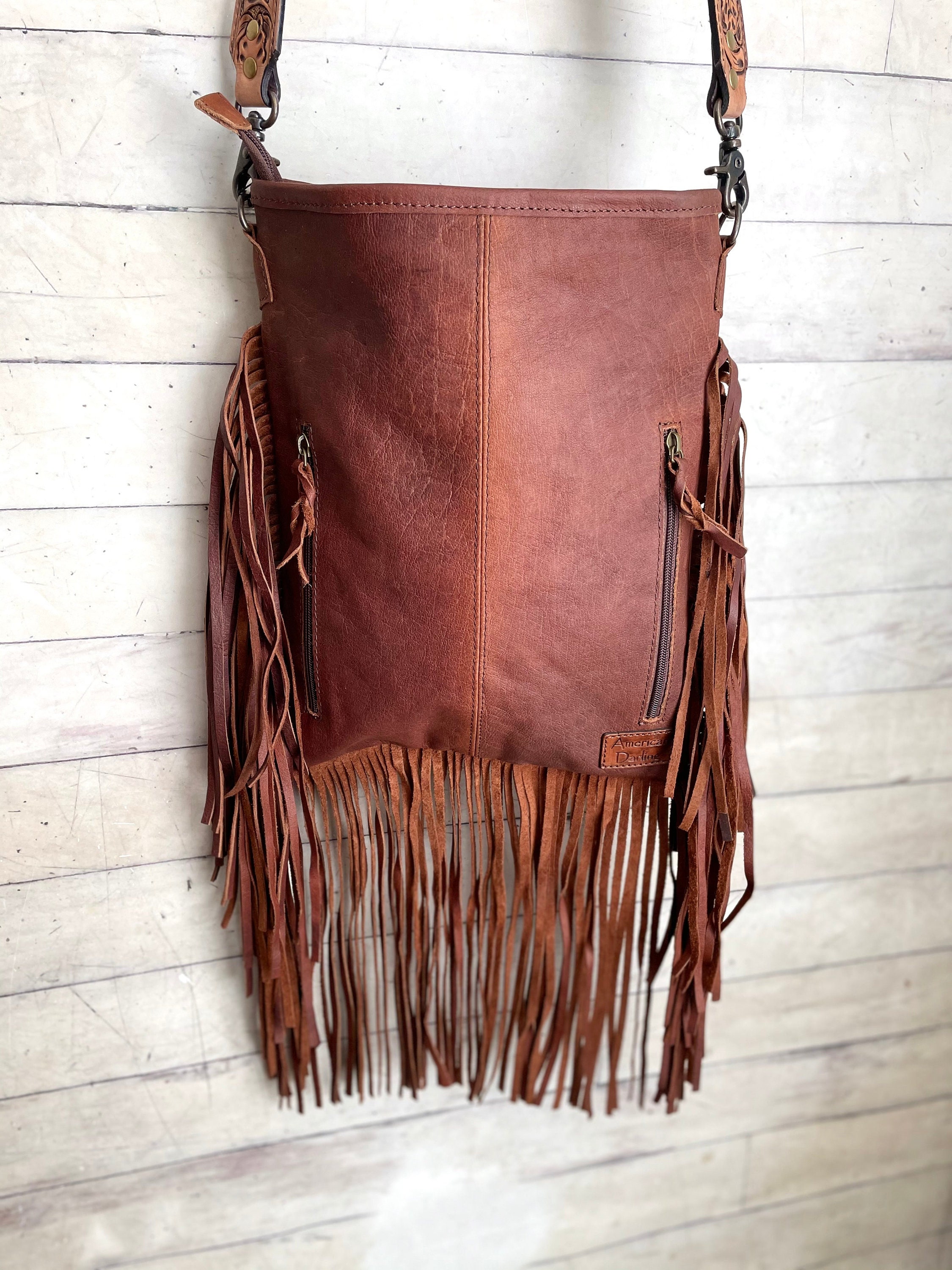 Country Hide & Floral Tooled, Fringe Chocolate Leather Bag - Etsy
