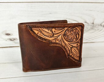 Genuine Leather Bifold Floral Wallet for Men Women Western Wallet ...