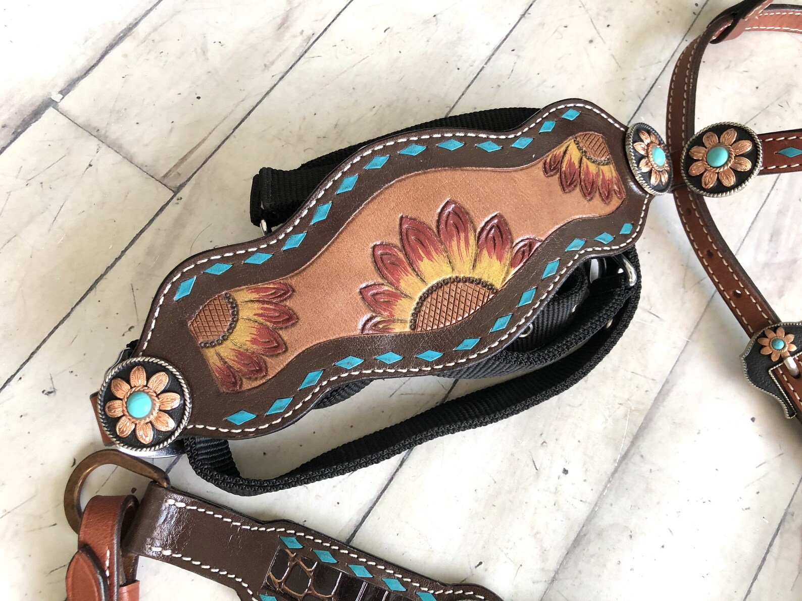 Sunflower Tooled Painted Inset Teal Buckstitch Tack Set | Etsy