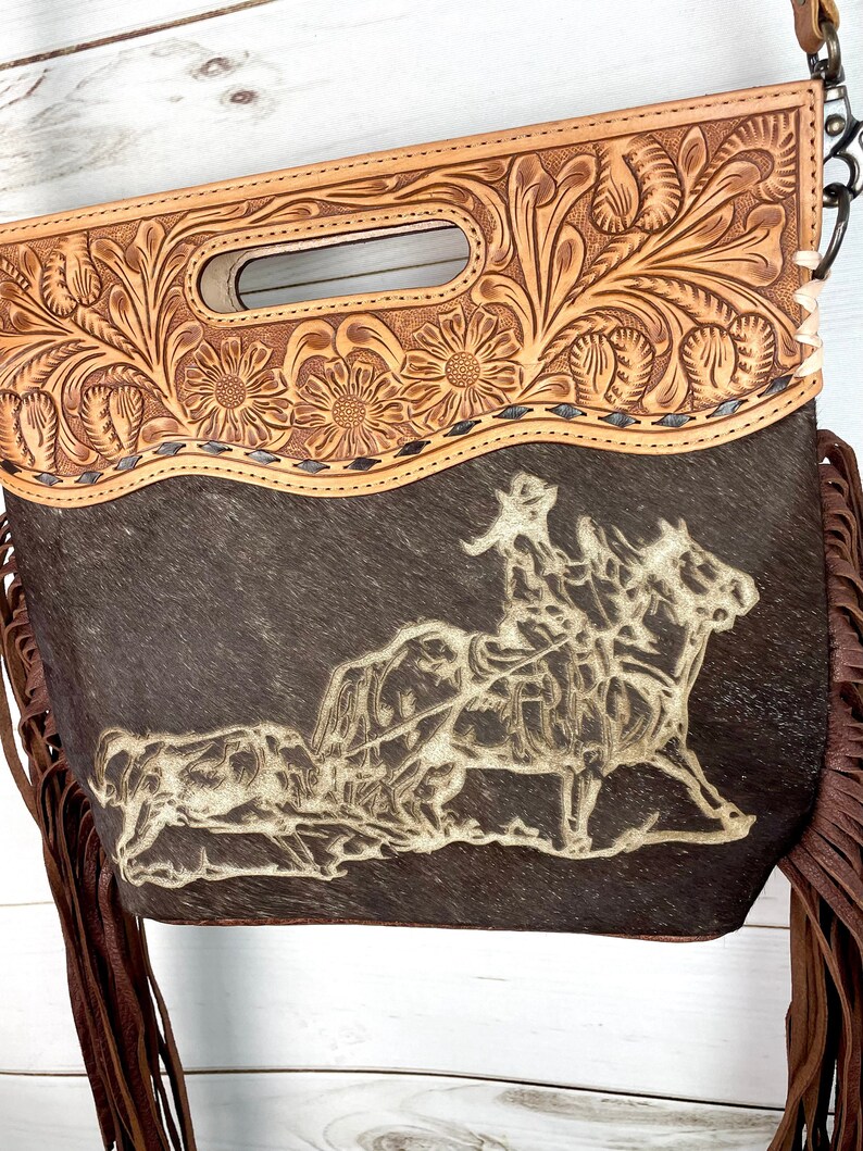Branded Cowgirl Roper Hide & Leather Handle Fringe Bag - Etsy