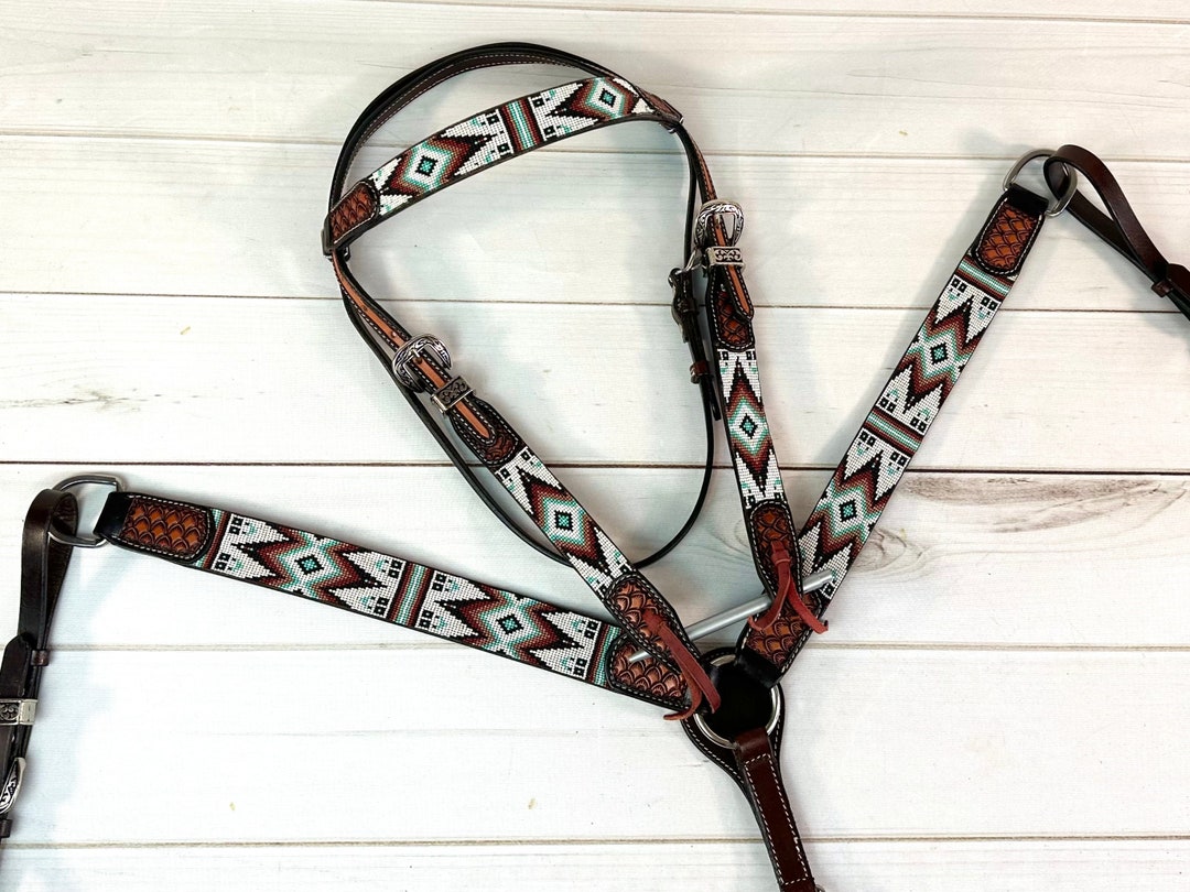 Diamond Mint, Brown Maroon Beaded Leather Tack Set - Etsy