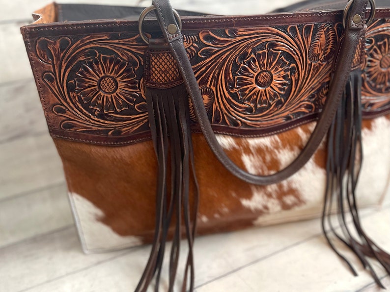 Meadow Large Floral Tooled & Cowhide Tote - Etsy
