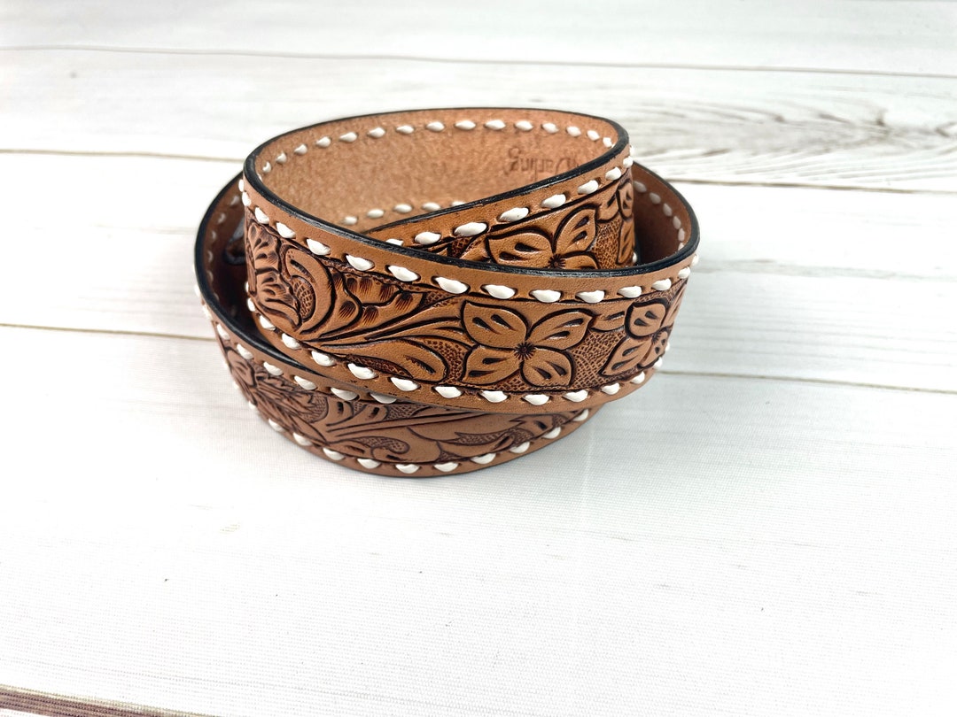 Tan Leather Tooled Handbag Strap With White Buckstitch - Etsy