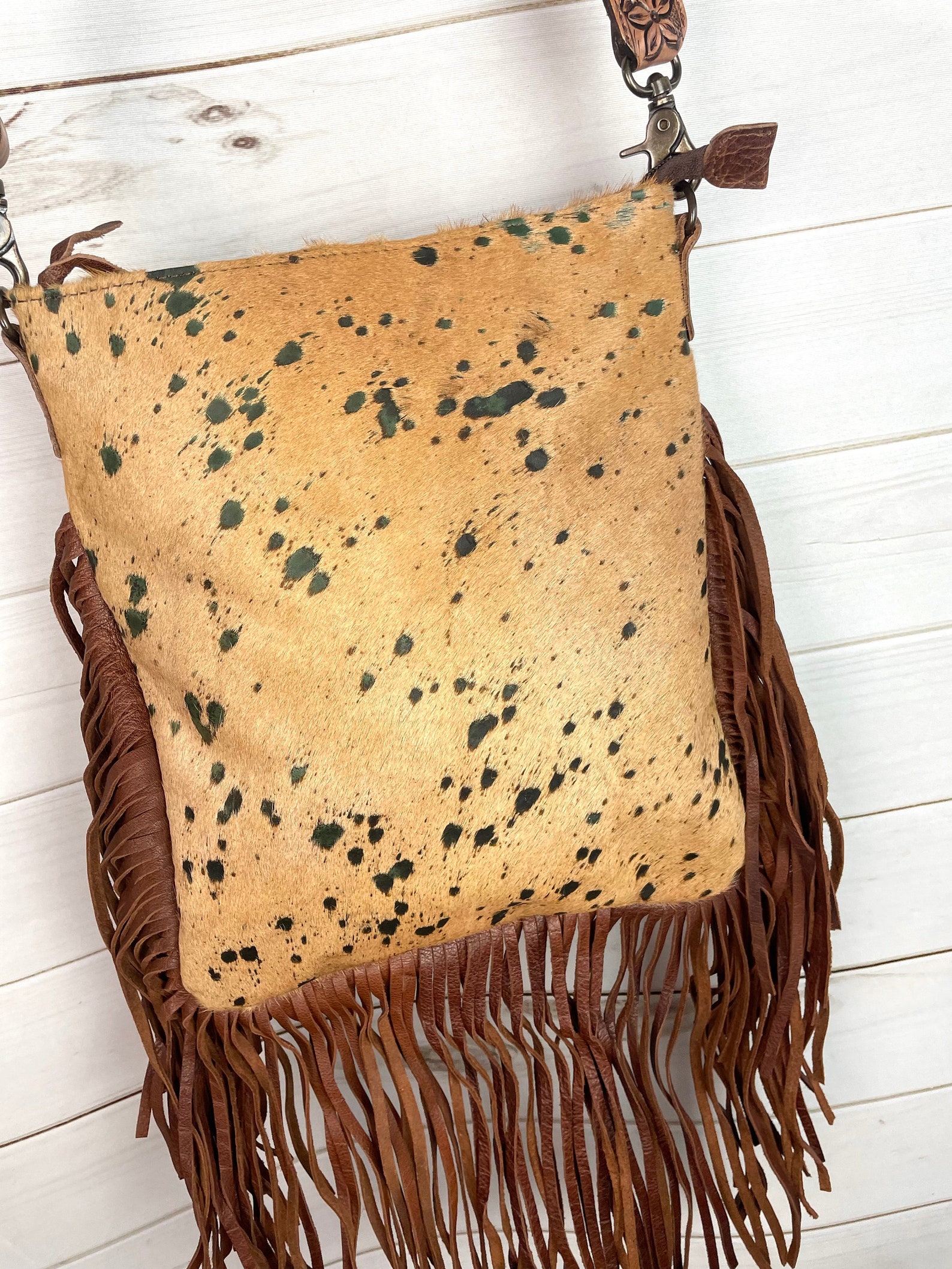 Tan & Brown Spotted Crossbody Hide Bag With Fringe - Etsy