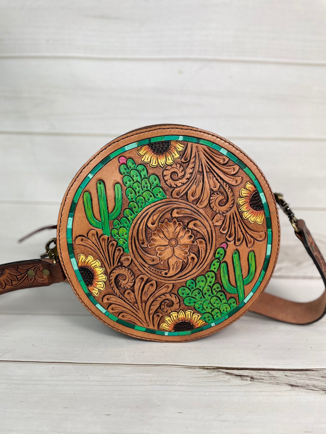 Cactus Sunflower Leather Tooled & Painted Buckstitch Round Canteen ...