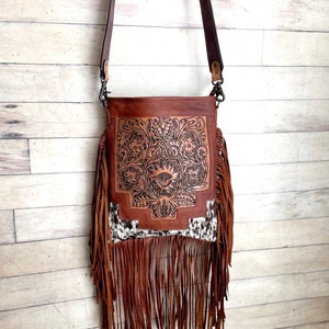 Country Hide & Floral Tooled, Fringe Chocolate Leather Bag - Etsy