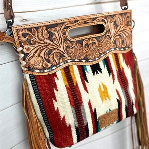 Serape Red, Yellow, Teal Wool Leather Handle Fringe Bag - Etsy