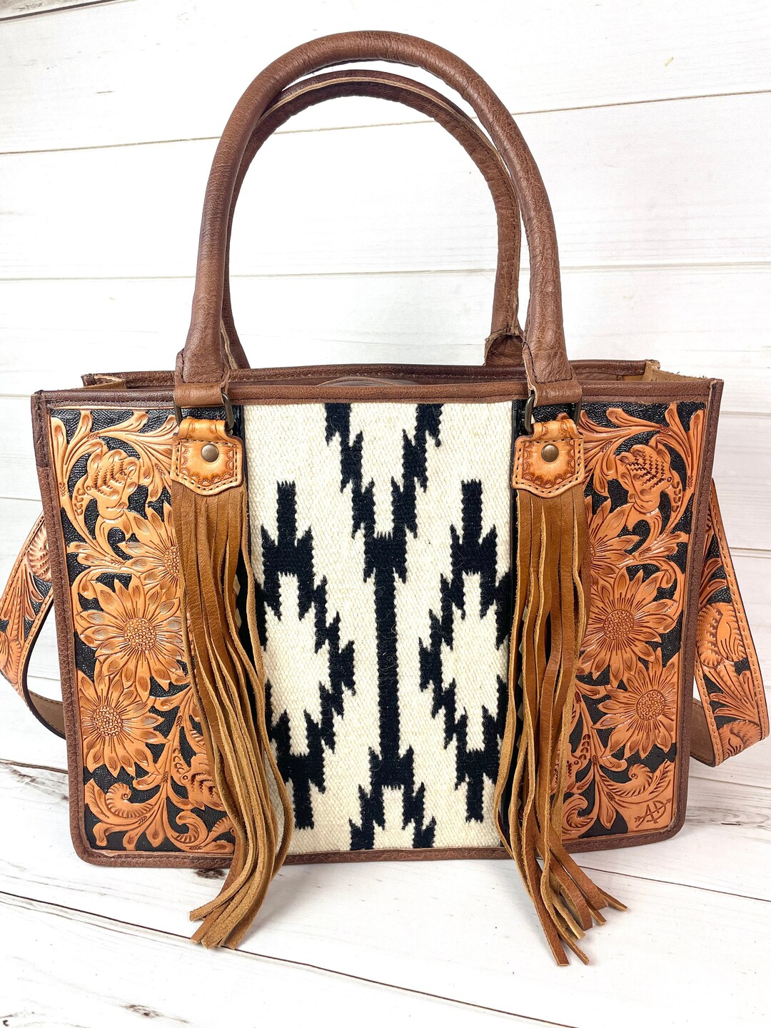 Black and Cream Aztec Pattern Wool Large Tote With Dark Leather Floral ...