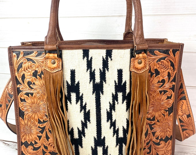 Black and Cream Aztec Pattern Wool Large Tote With Dark Leather Floral ...