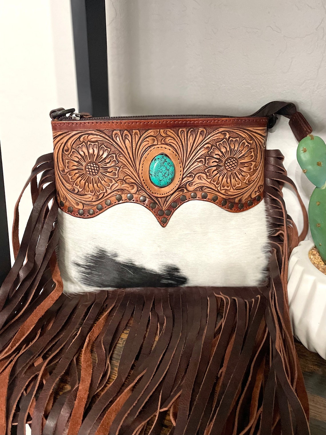 Leather Tooled Scallop Design on Hide and Fringe Bag - Etsy