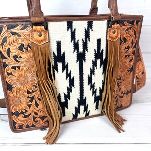 Black and Cream Aztec Pattern Wool Large Tote With Dark Leather Floral ...