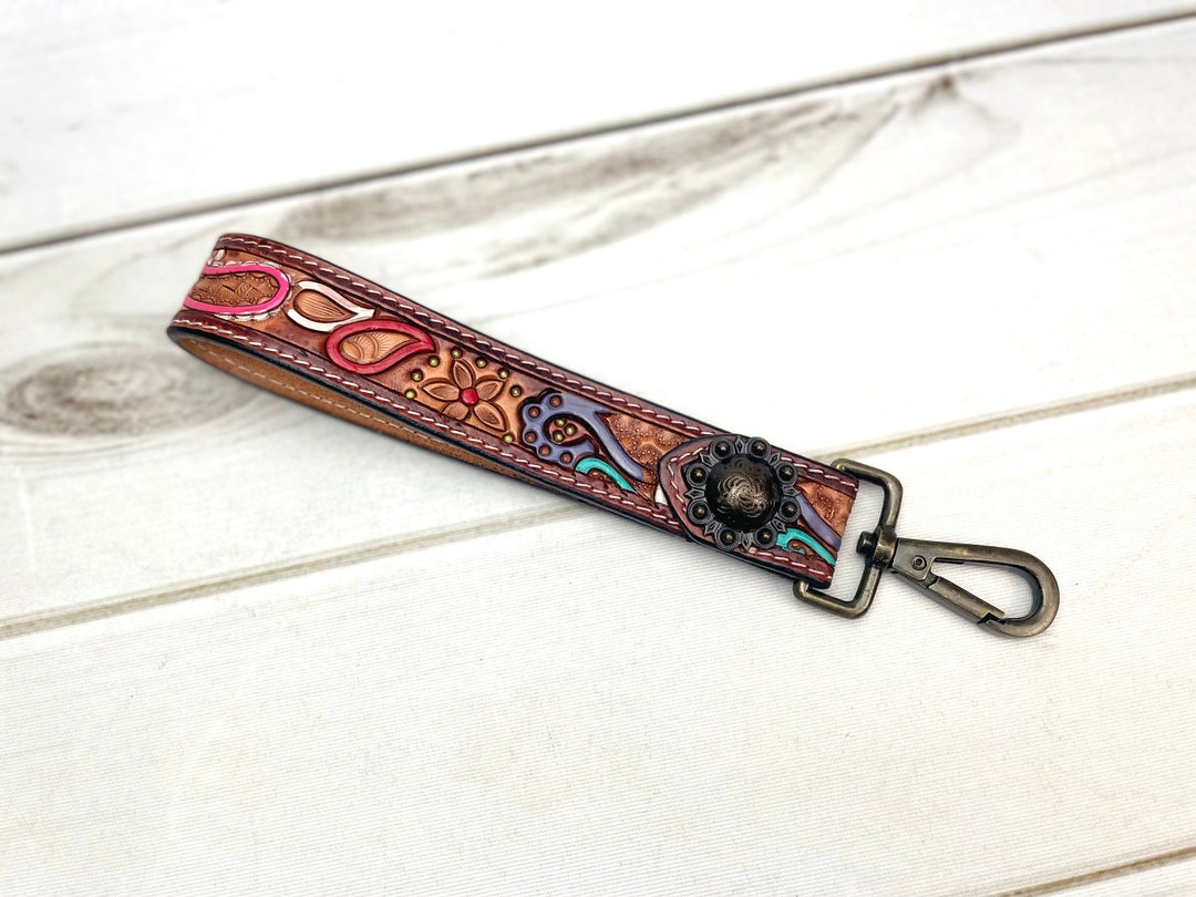 Colorful Paisley Tooled Wristlet Leather Keychain - Etsy