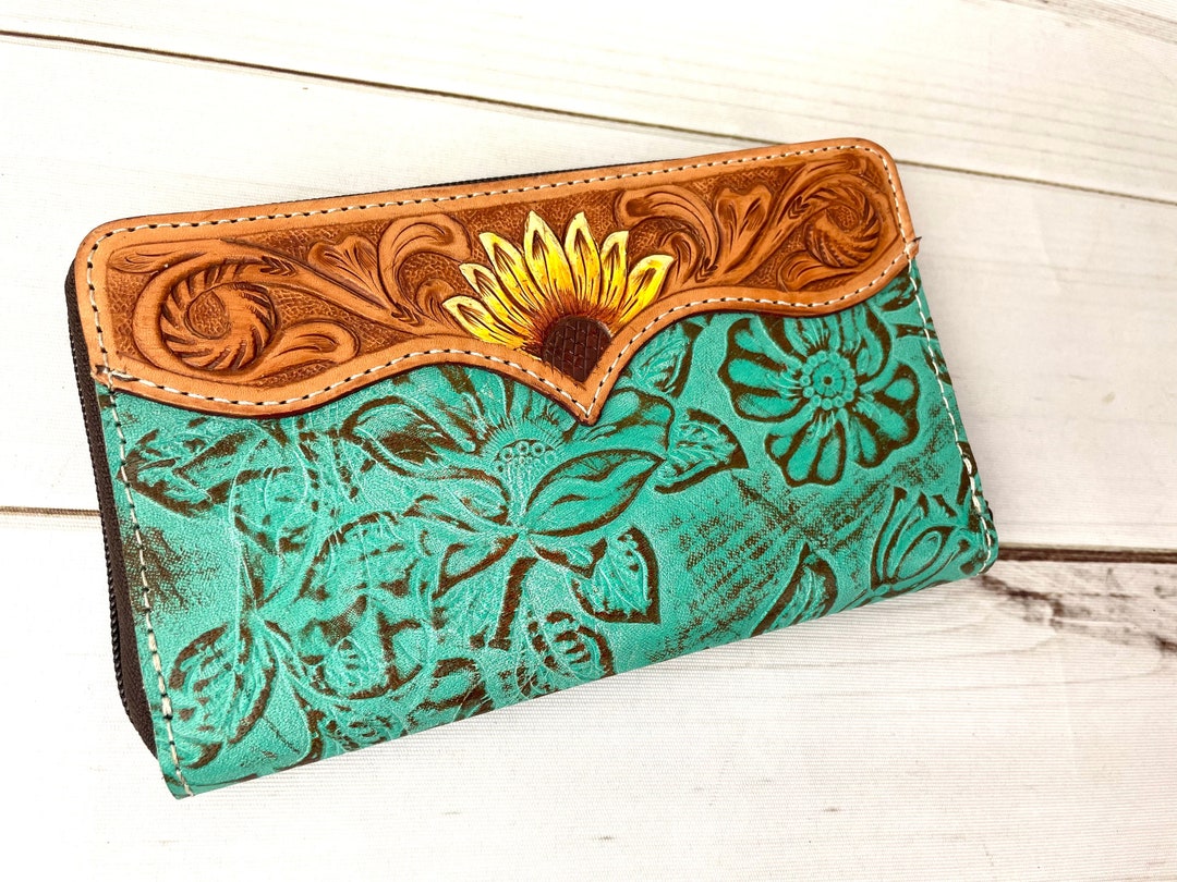 Turquoise Filigree Sunflower Leather Western Wallet - Etsy
