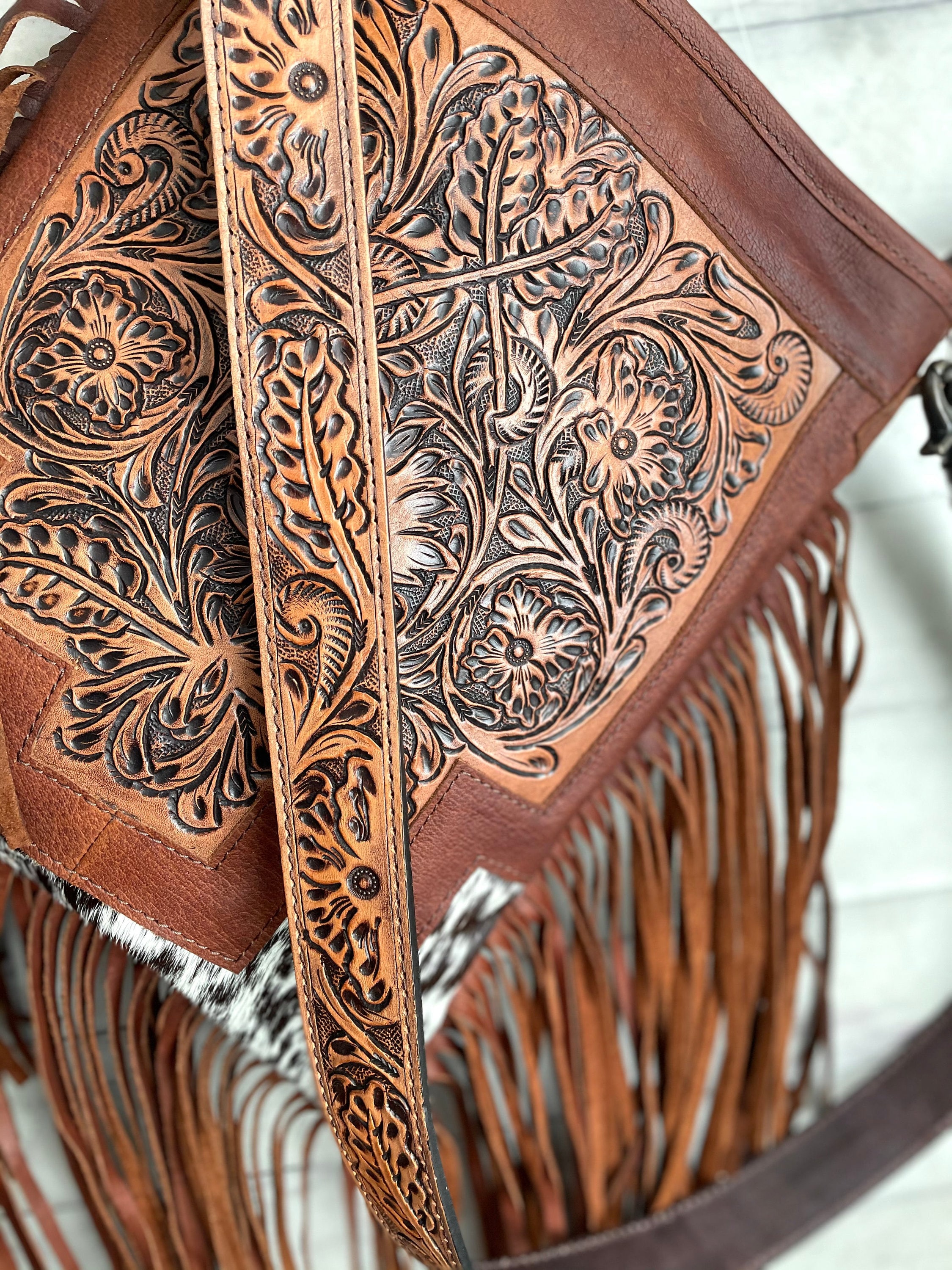 Country Hide & Floral Tooled, Fringe Chocolate Leather Bag - Etsy