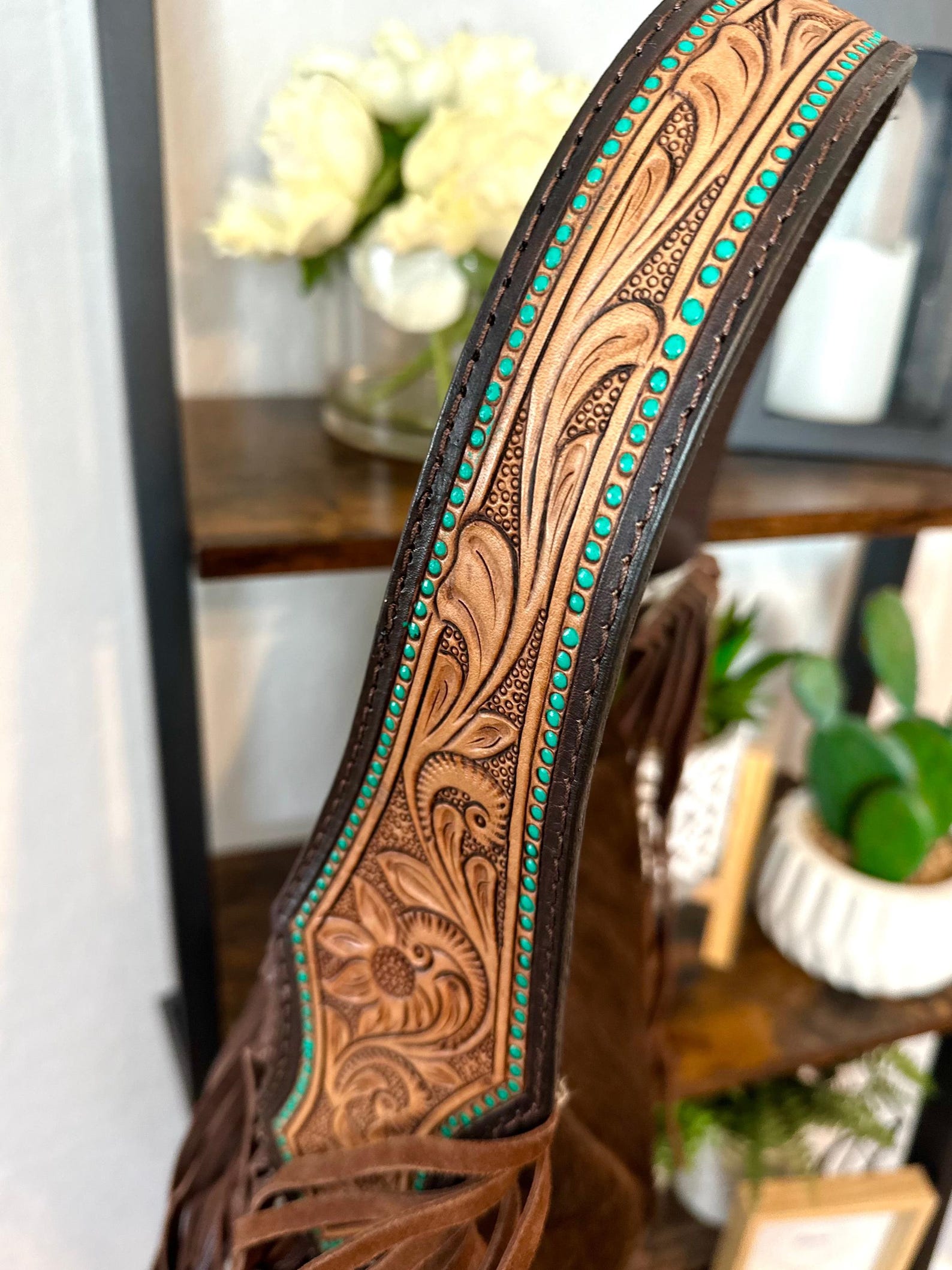 Teal Dotted Border Leather Tooled Cowhide Fringe Hobo Purse - Etsy