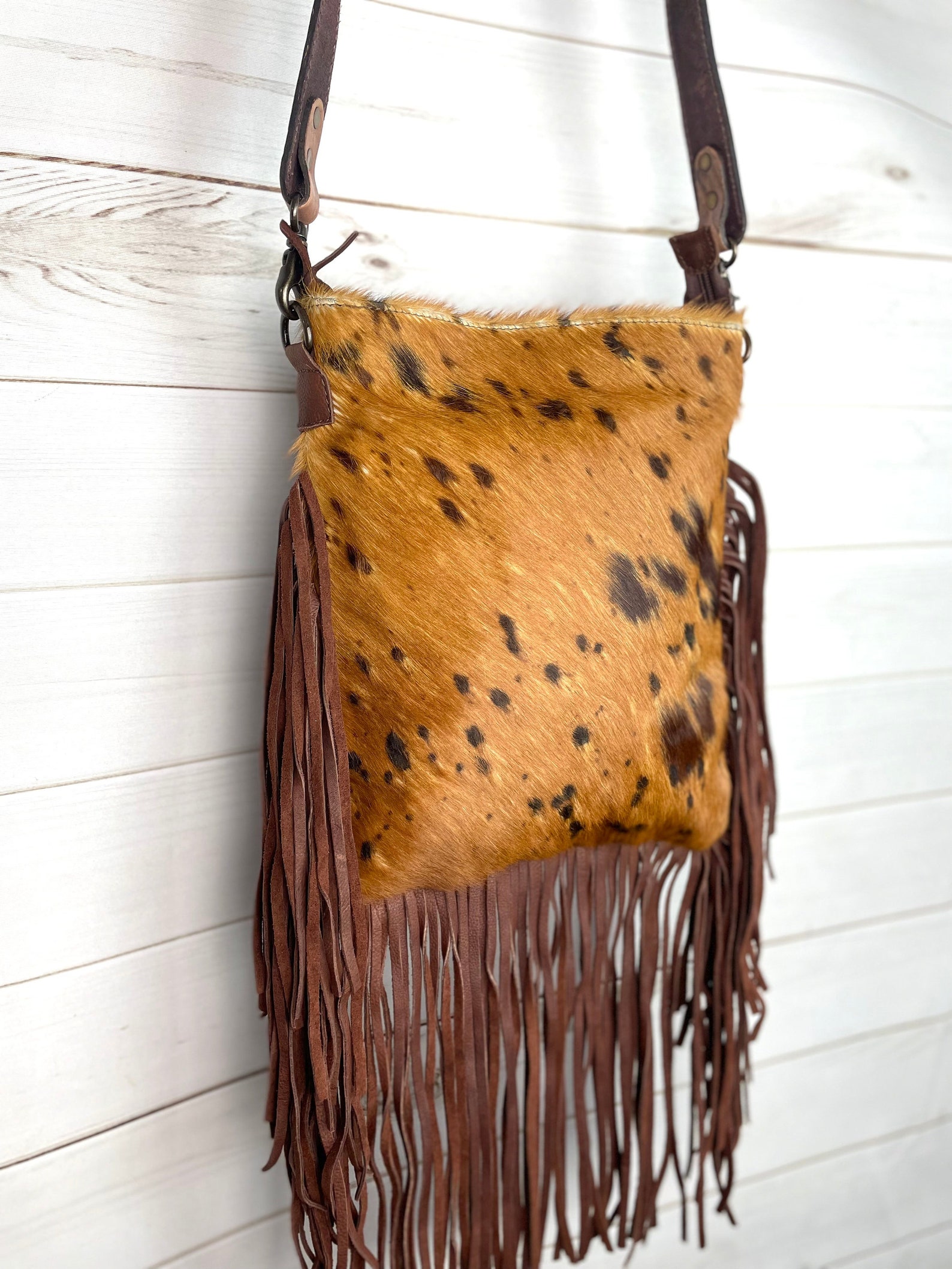 Tan & Brown Spotted Crossbody Hide Bag With Fringe - Etsy