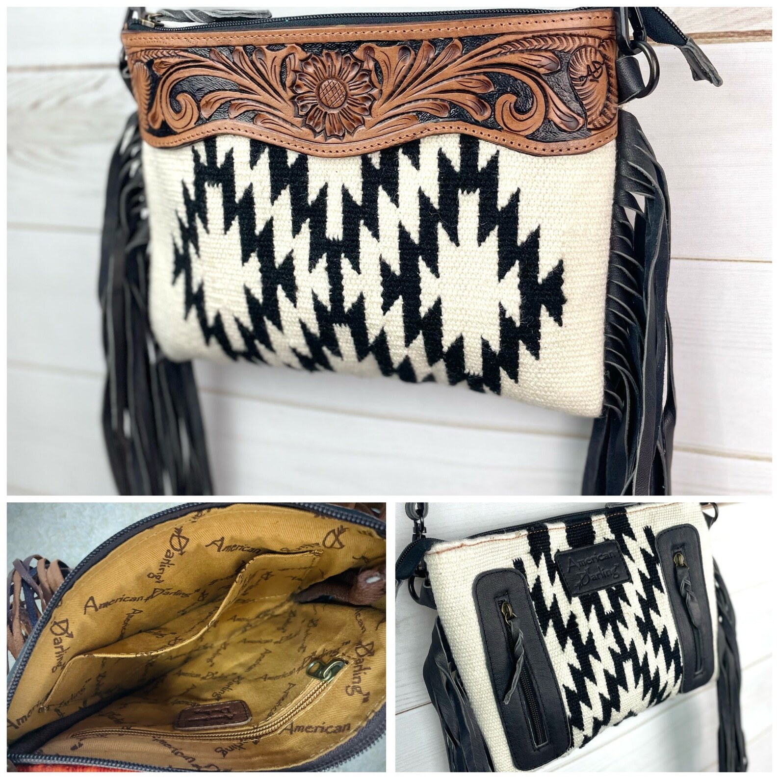 Black & Cream Wool Pattern With Leather Tooled Fringe Medium - Etsy