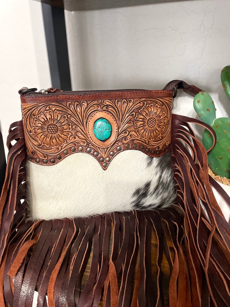 Leather Tooled Scallop Design on Hide and Fringe Bag - Etsy