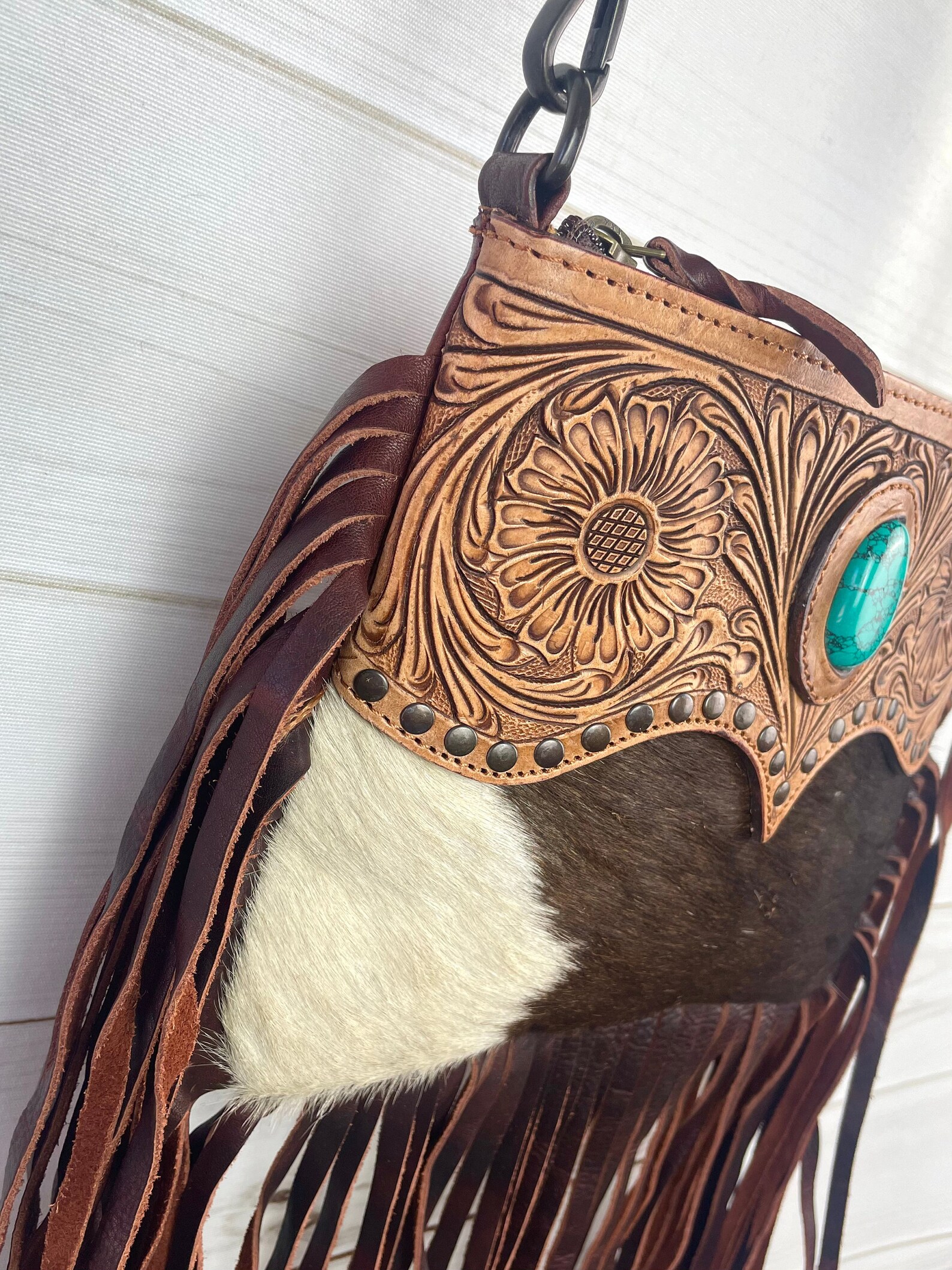 Leather Tooled Scallop Design on Hide and Fringe Bag - Etsy