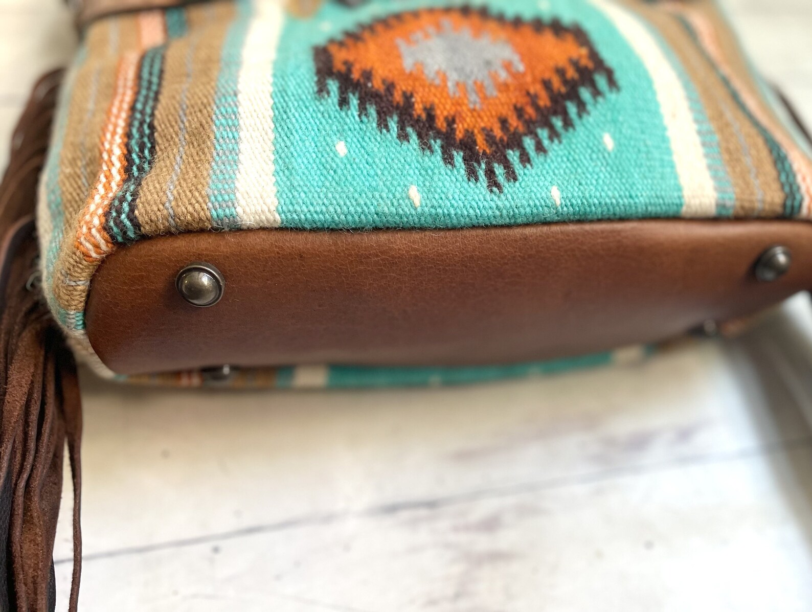 Turquoise Orange Neutral Diamond Pattern Wool Leather Fringe Bag - Etsy