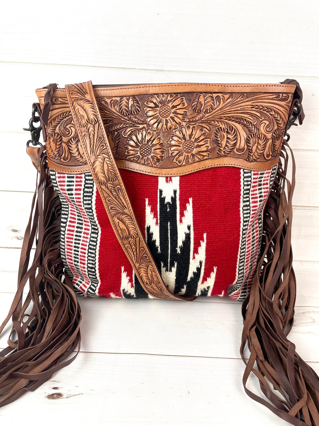 Red and Black Diamond Pattern Wool & Leather Tooled Crossbody Handbag ...