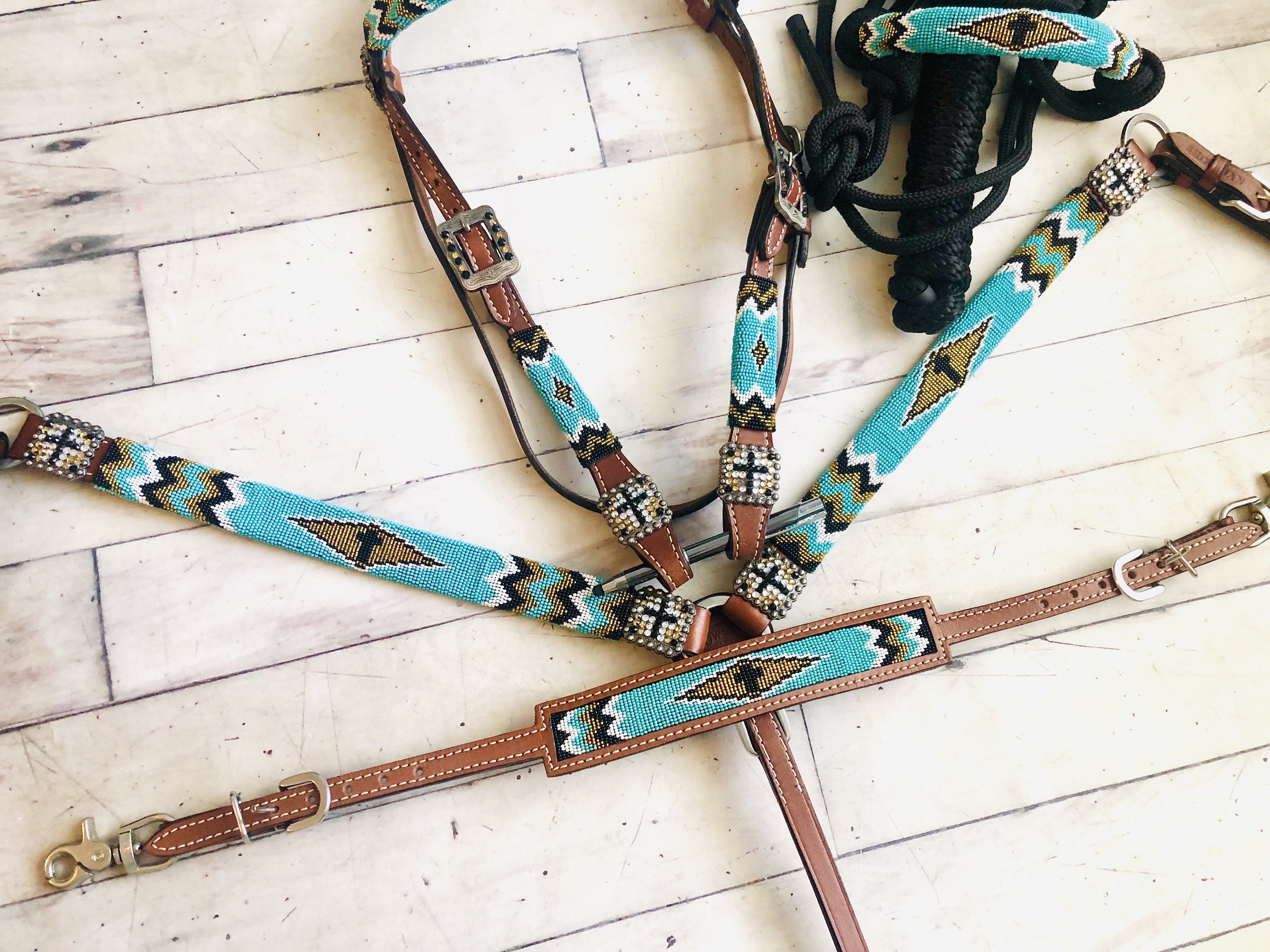 Turquoise and Gold Beaded Set - Etsy