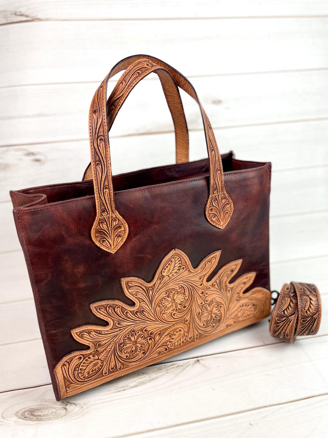 Distressed Leather Floral Bloom Tooled Large Tote Purse - Etsy