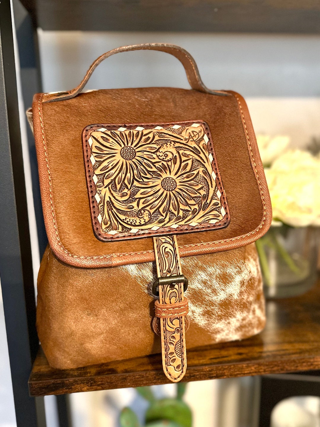 Small Cowhide and Leather Sunflower Tooled Backpack - Etsy