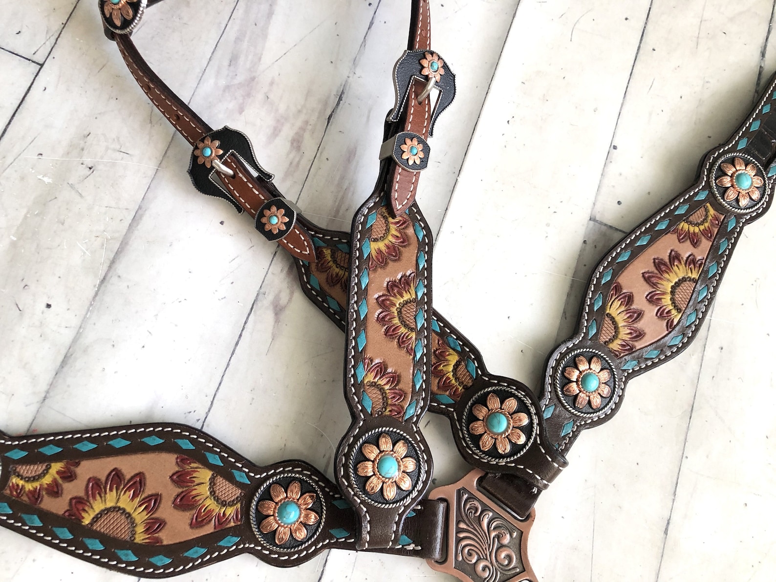 Sunflower Tooled Painted Inset Teal Buckstitch Tack Set | Etsy