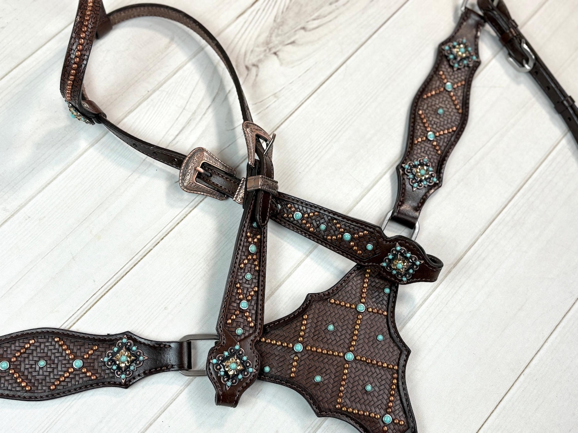 Dark Brown Basket Weave Tooled Gladiator Style Leather Tack Set - Etsy