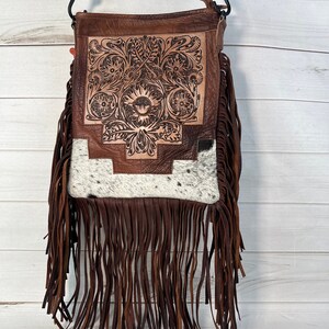 Country Hide & Floral Tooled, Fringe Chocolate Leather Bag - Etsy