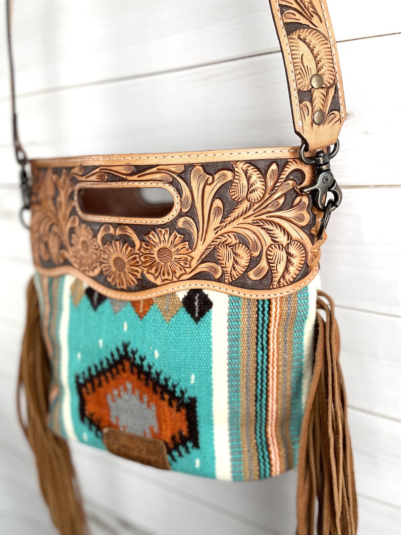 Turquoise Orange Neutral Diamond Pattern Wool Leather Fringe Bag - Etsy