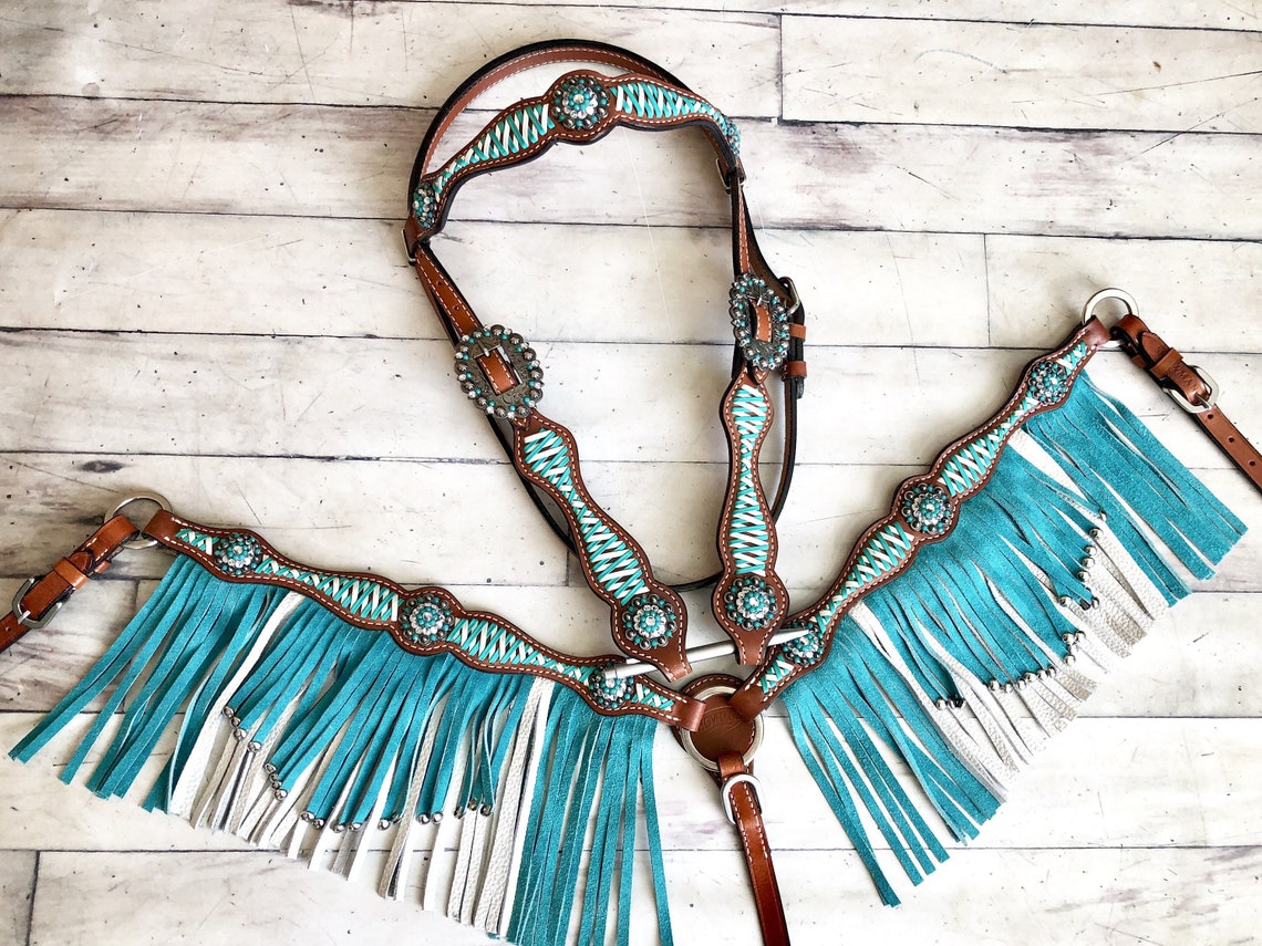Turquoise and White Leather Laced Fringe Tack Set | Etsy
