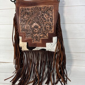 Country Hide & Floral Tooled, Fringe Chocolate Leather Bag - Etsy