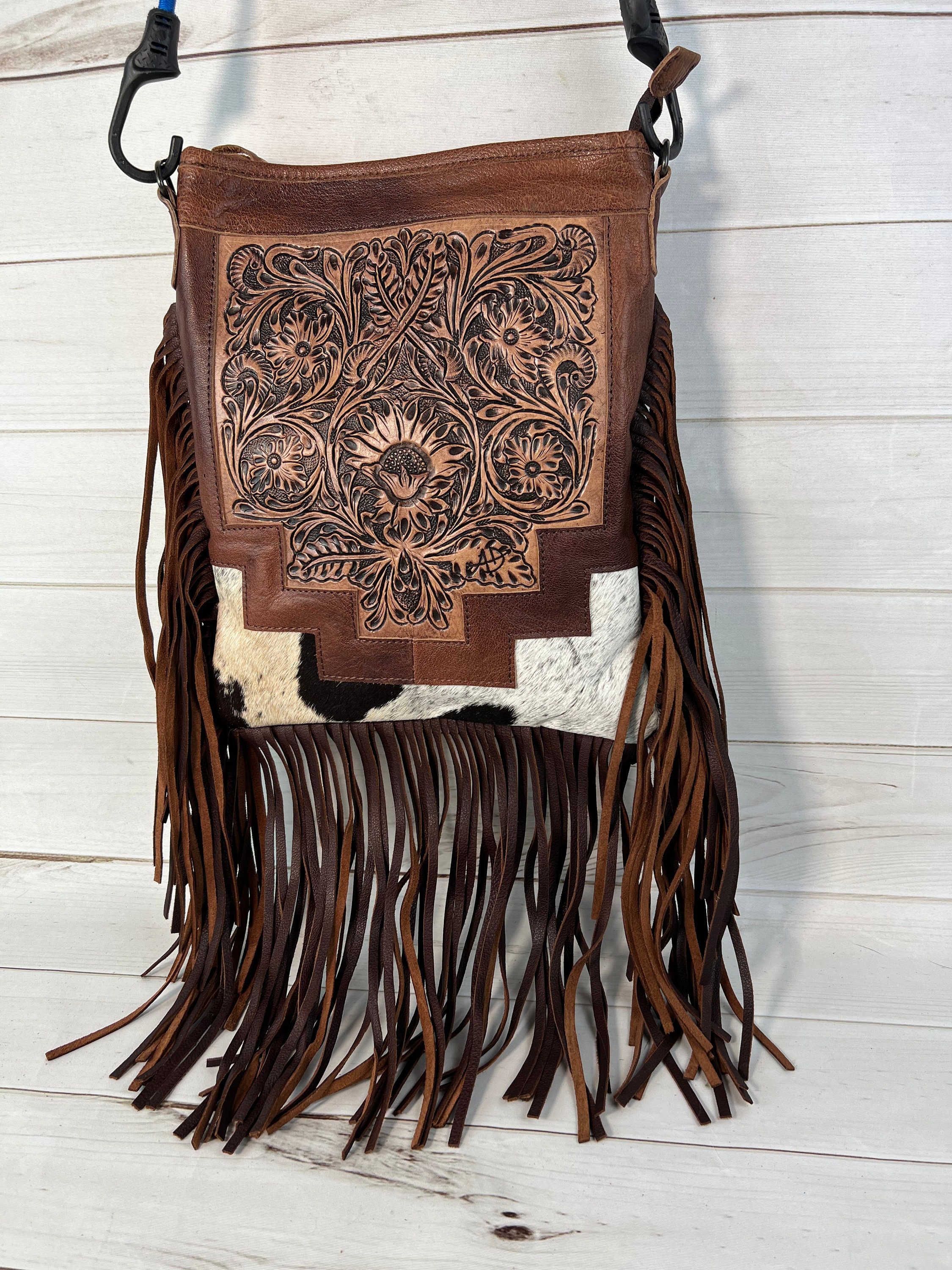 Country Hide & Floral Tooled, Fringe Chocolate Leather Bag - Etsy