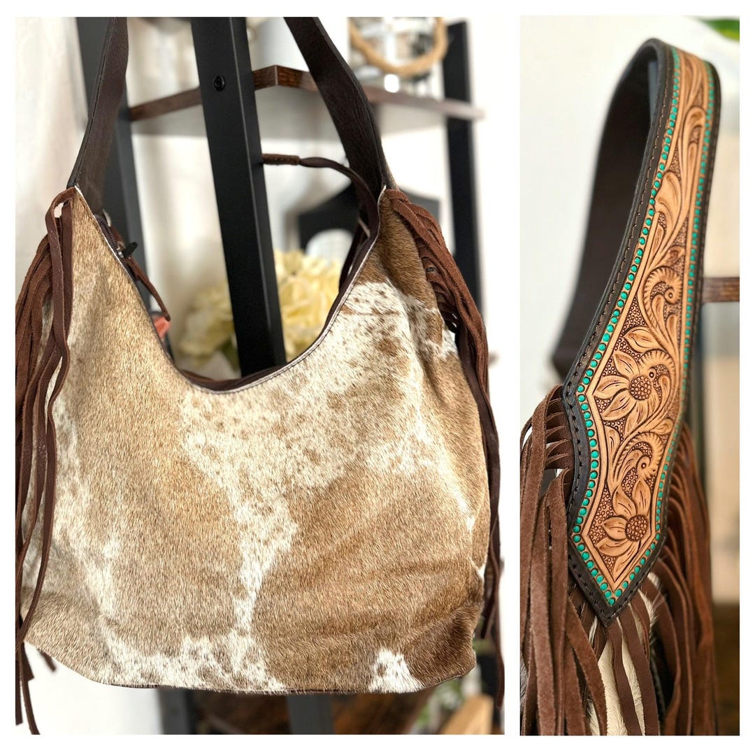 Teal Dotted Border Leather Tooled Cowhide Fringe Hobo Purse - Etsy