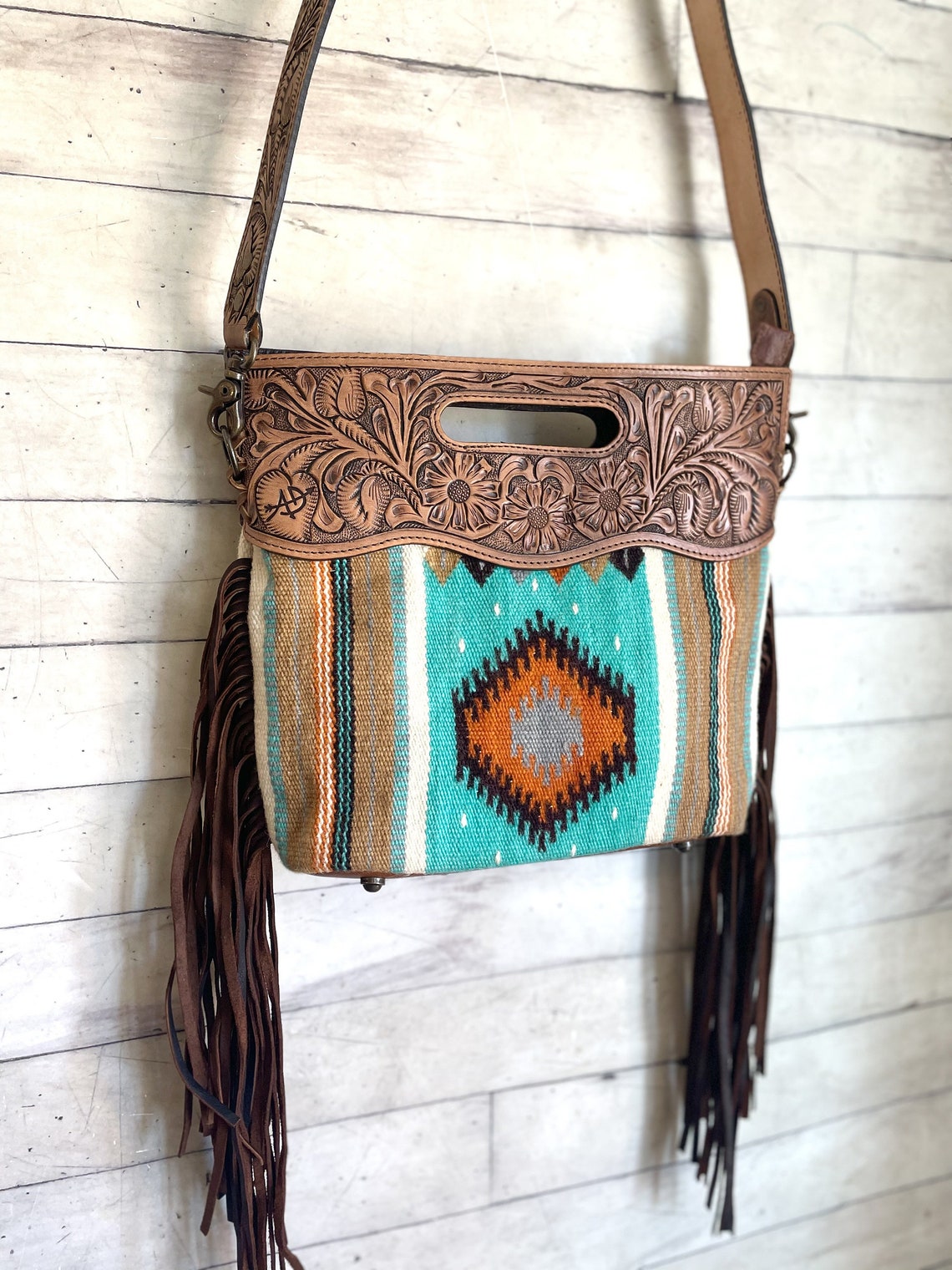 Turquoise Orange Neutral Diamond Pattern Wool Leather Fringe Bag - Etsy