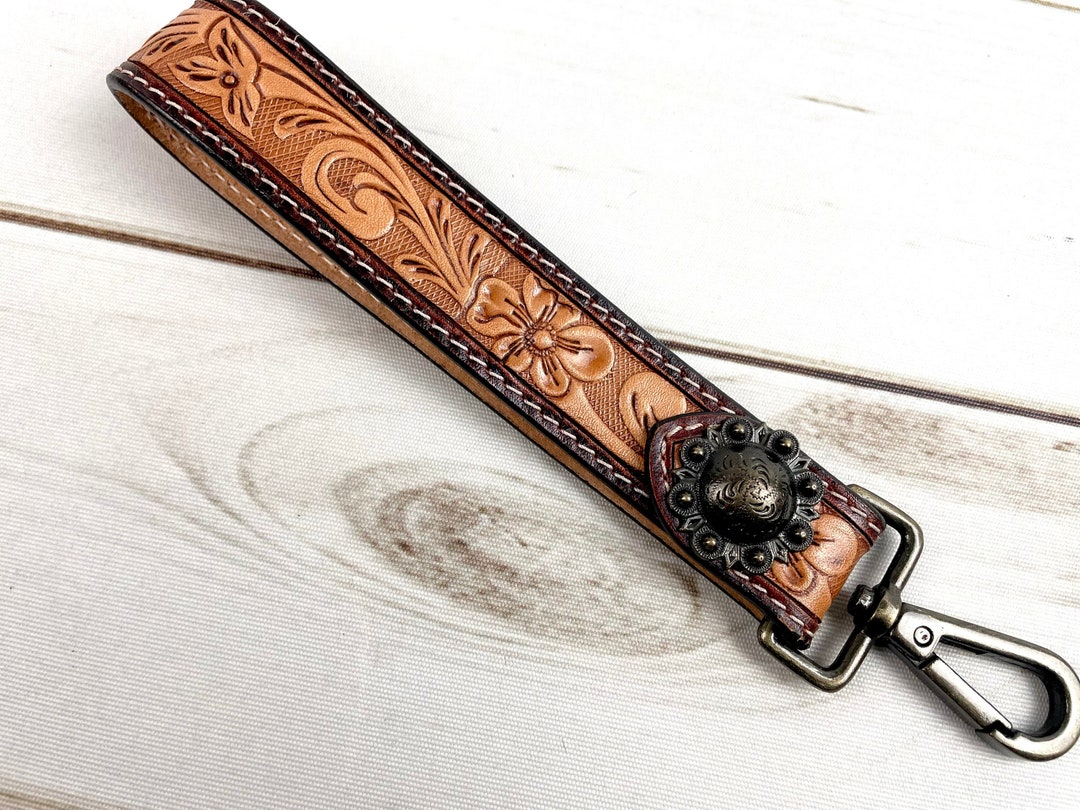 Natural Tooled Wristlet Leather Keychain - Etsy