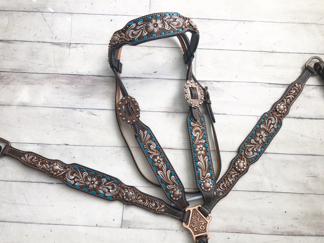 Floral Tooled Teal Buckstitch Tack Set - Etsy