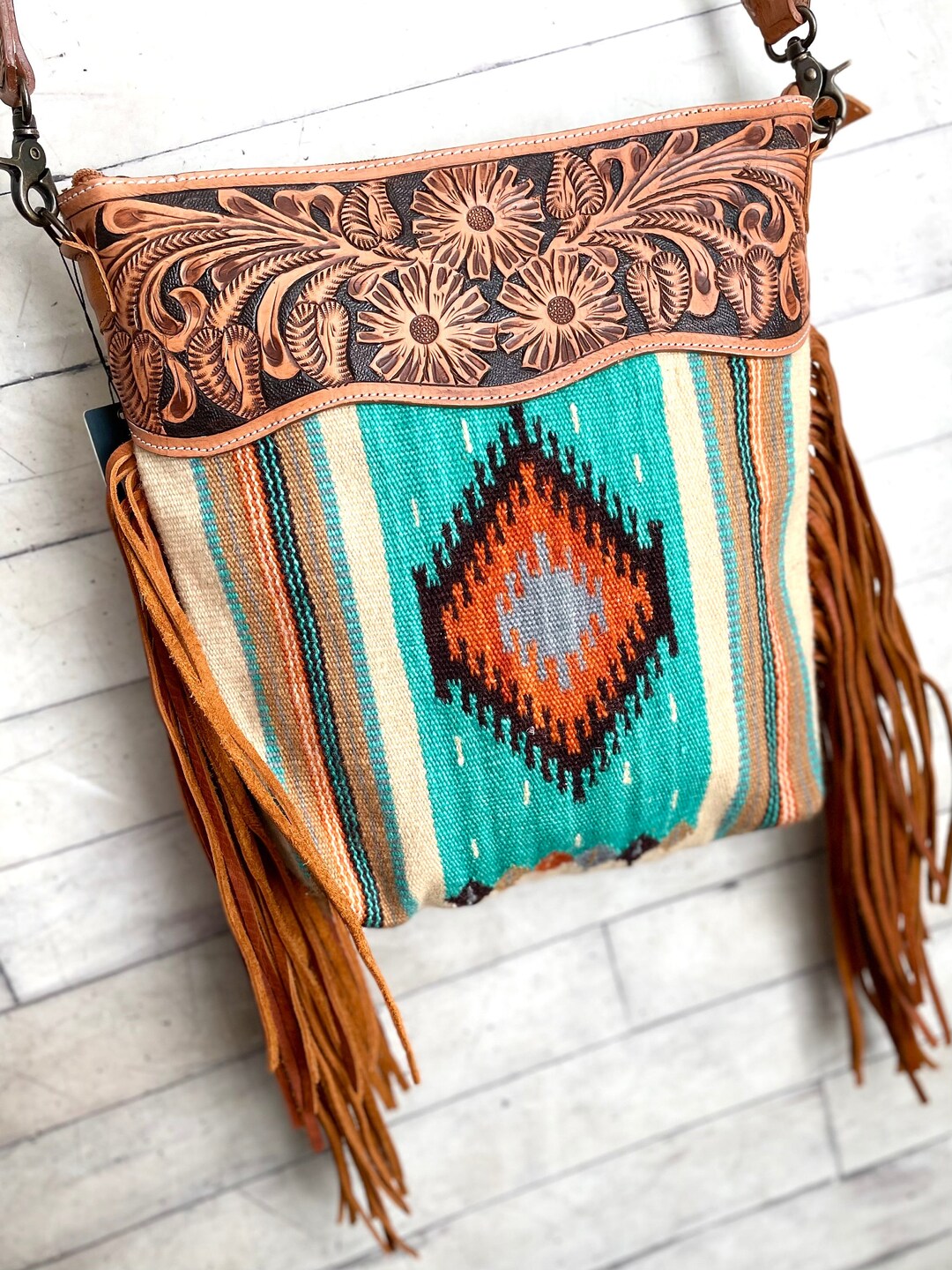 Turquoise & Orange Aztec Wool Serape Handbag - Etsy