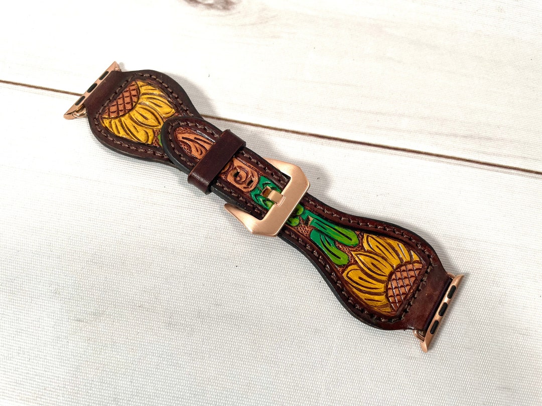Sunflower Cactus Tooled Leather Watch Band - Etsy