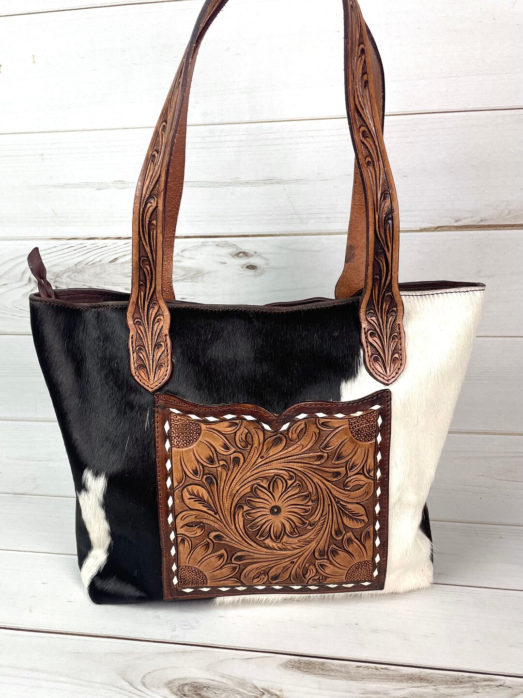 Cowhide Tote With Front Leather Sunflower Tooled Pocket - Etsy
