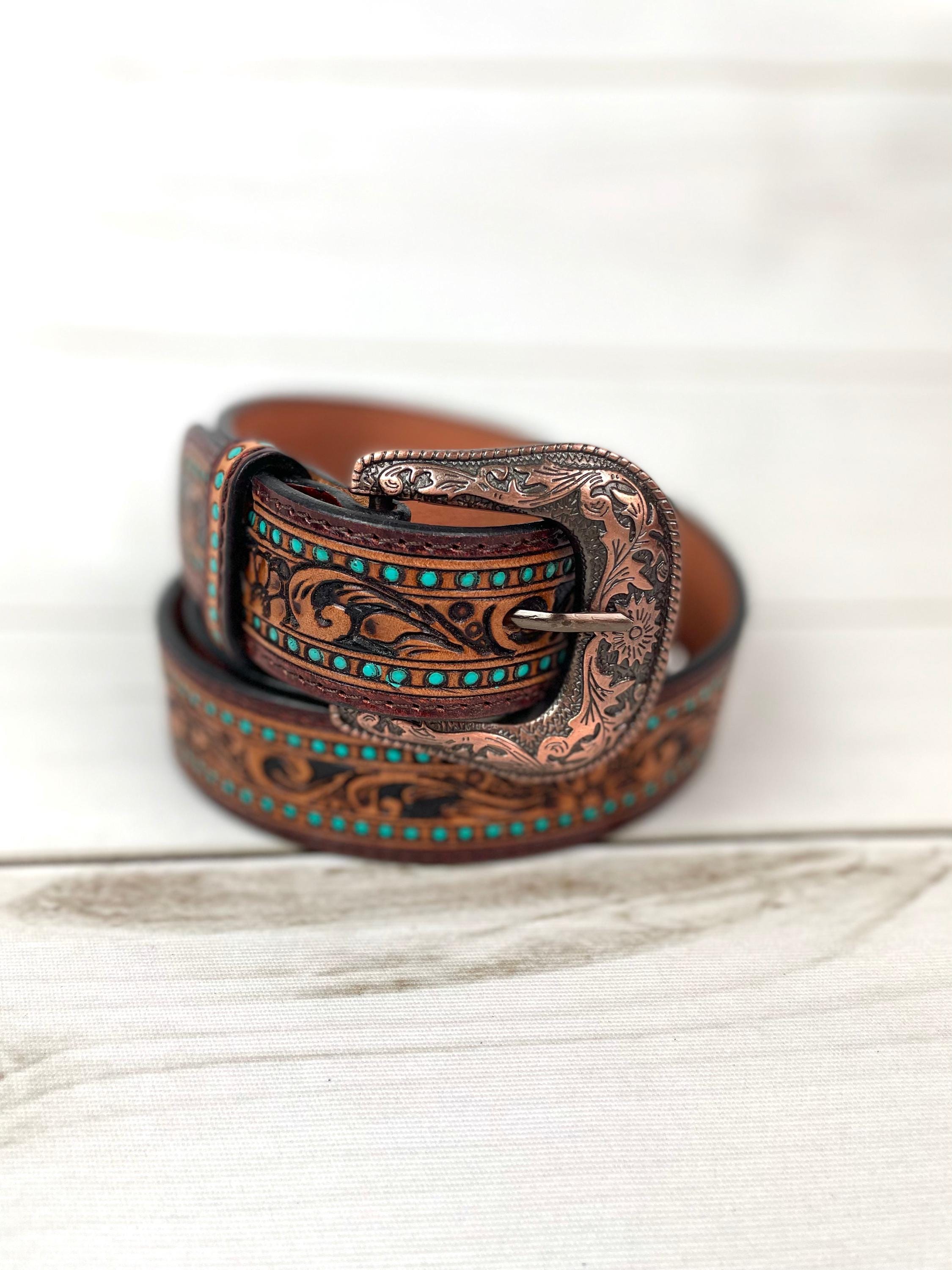 Turquoise Dotted Border Tooled Leather Woman’s Belt - Etsy