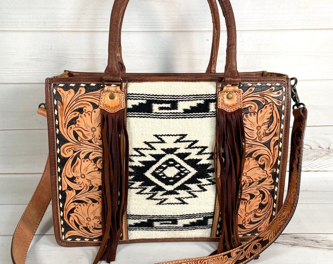 Diamond Aztec Black and Cream Pattern Wool Large Tote With Dark Leather ...