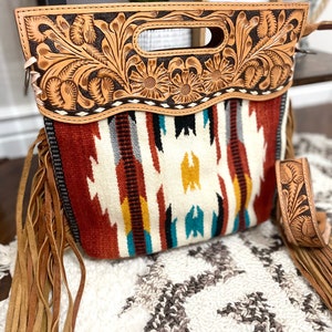 Serape Red, Yellow, Teal Wool Leather Handle Fringe Bag - Etsy