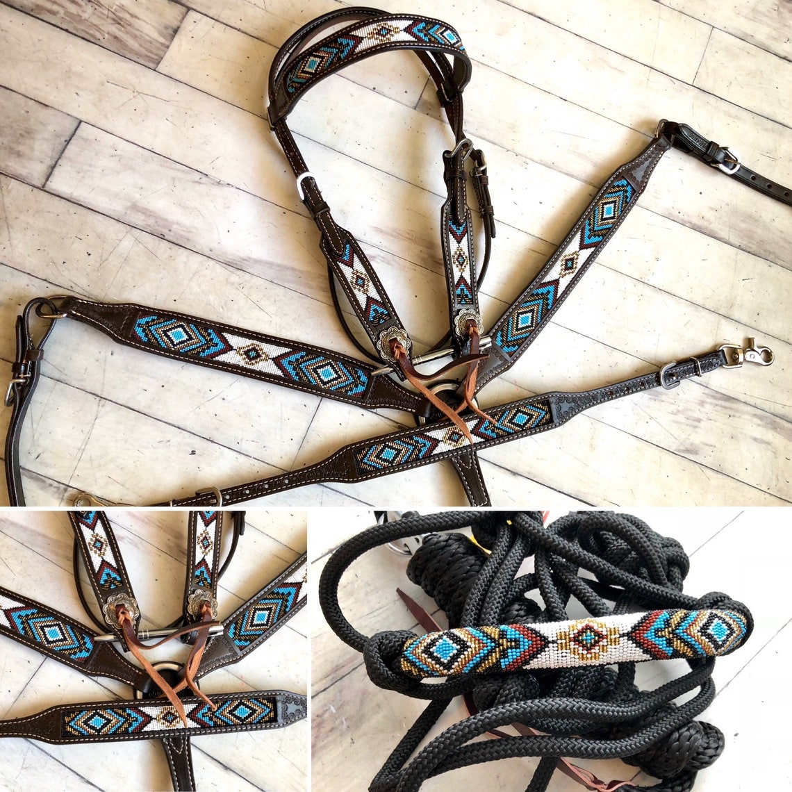 Blue Gold and White Beaded Dark Leather Tack Set - Etsy