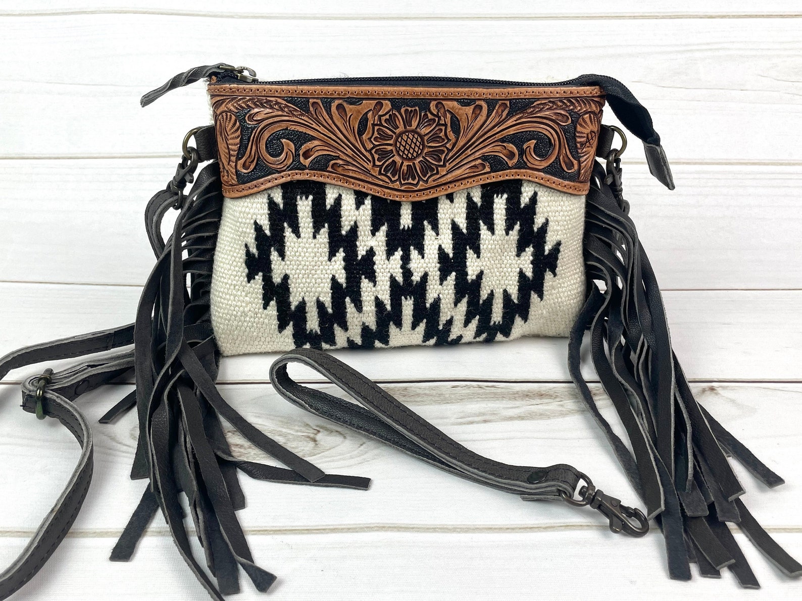 Black & Cream Wool Pattern With Leather Tooled Fringe Medium - Etsy