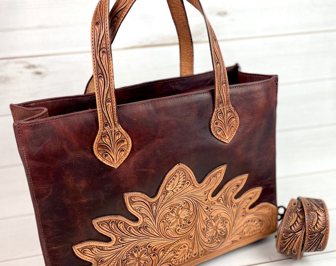 Distressed Leather Floral Bloom Tooled Large Tote Bag - Etsy