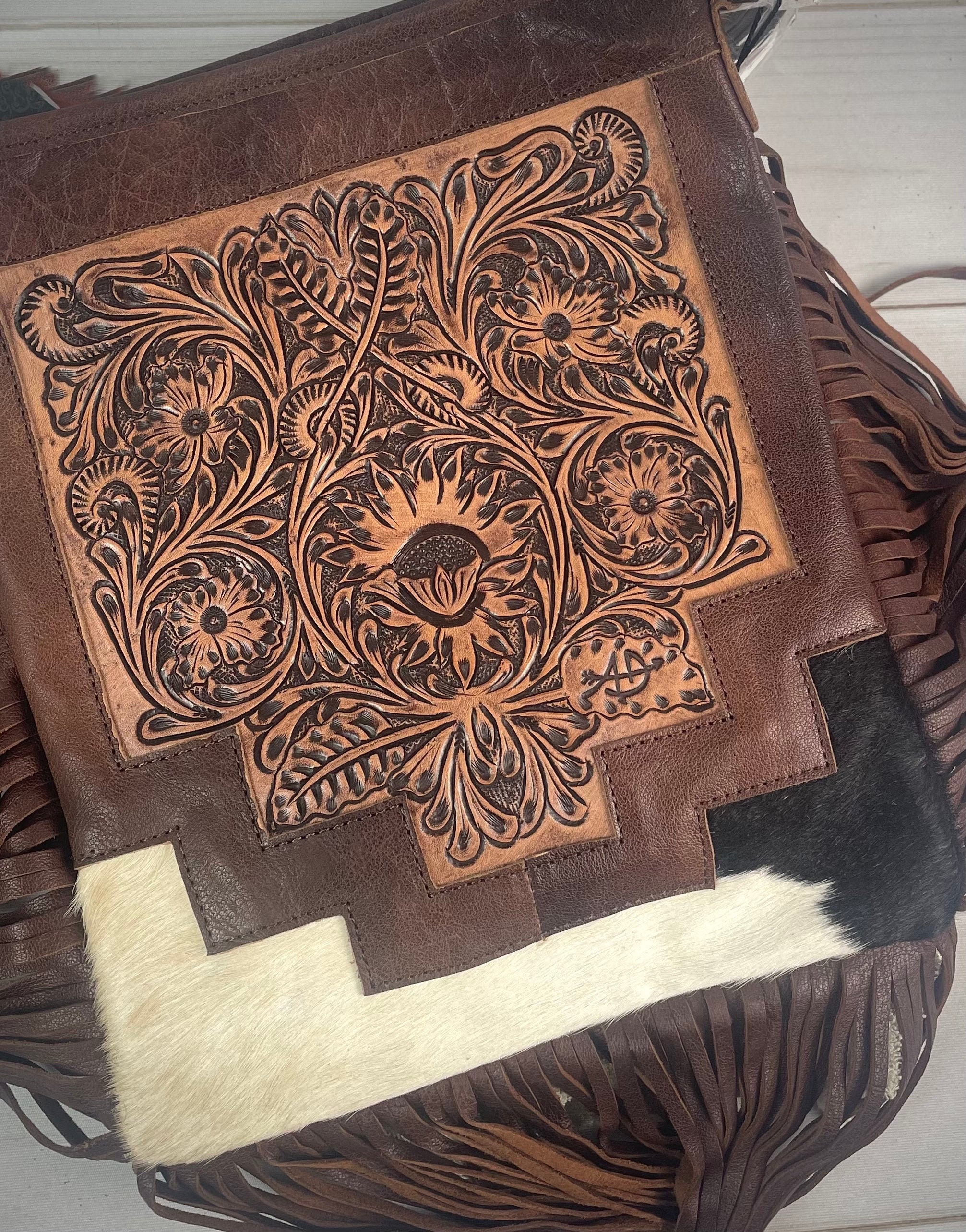 Country Hide & Floral Tooled, Fringe Chocolate Leather Bag - Etsy